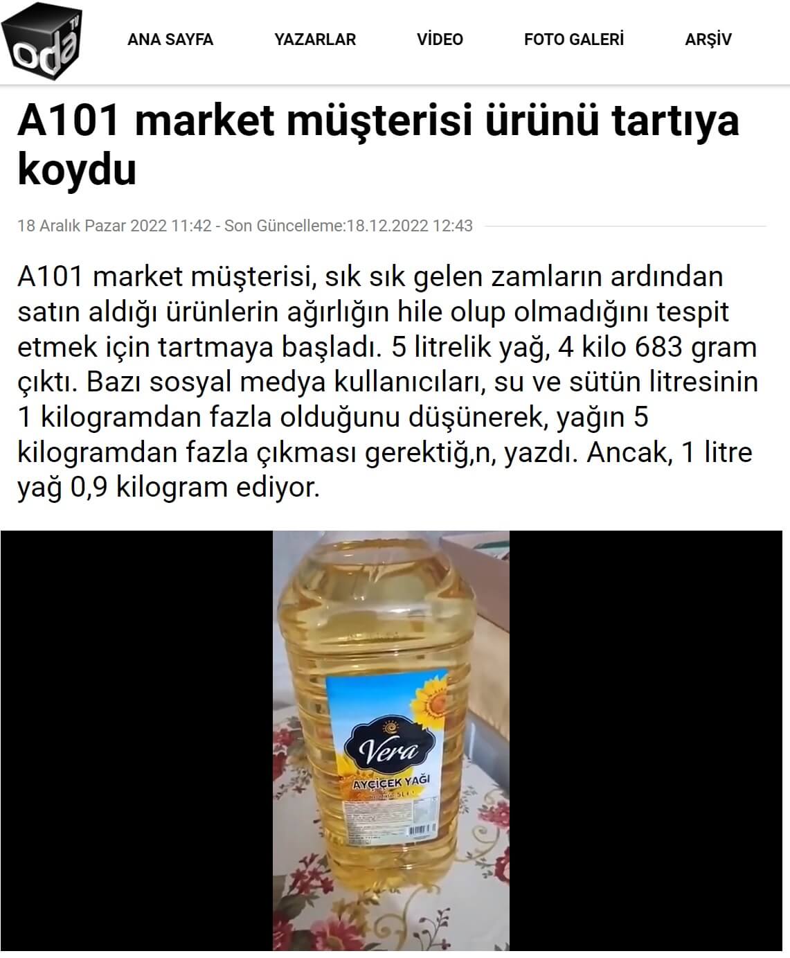 Beş Litrelik Yağın Beş Kilogram Ağırlığında Olmamasını Hile Olarak ...