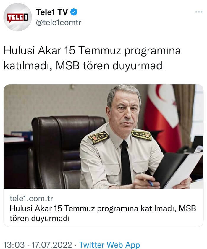 Hulusi Akar'ın 15 Temmuz Anma Törenlerine Katılmadığı İddiası - Malumatfuruş